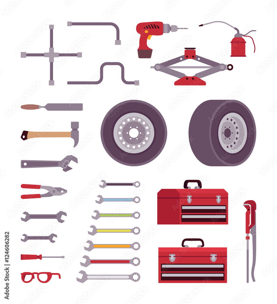 Set of car toolls isolated agains white background. Cartoon vector flat ...