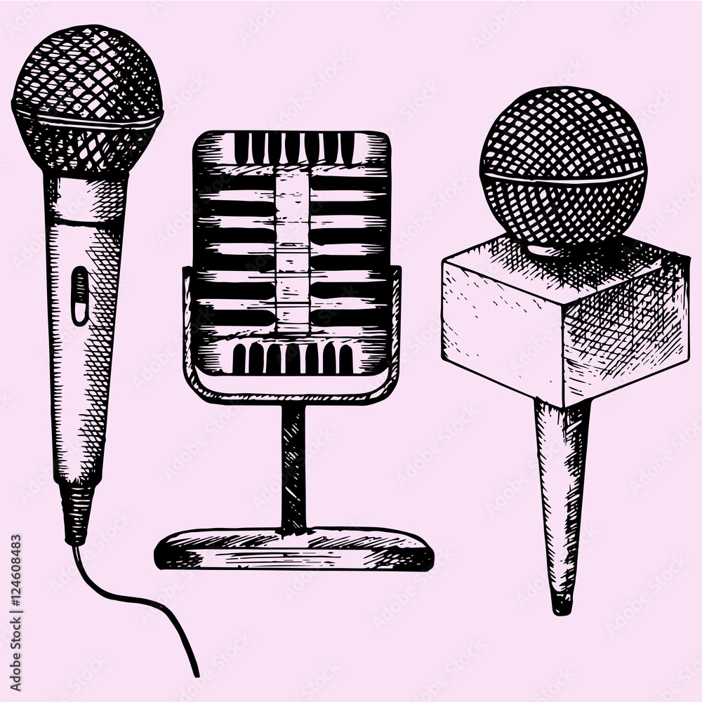 set Microphone Karaoke doodle style sketch illustration hand drawn ...