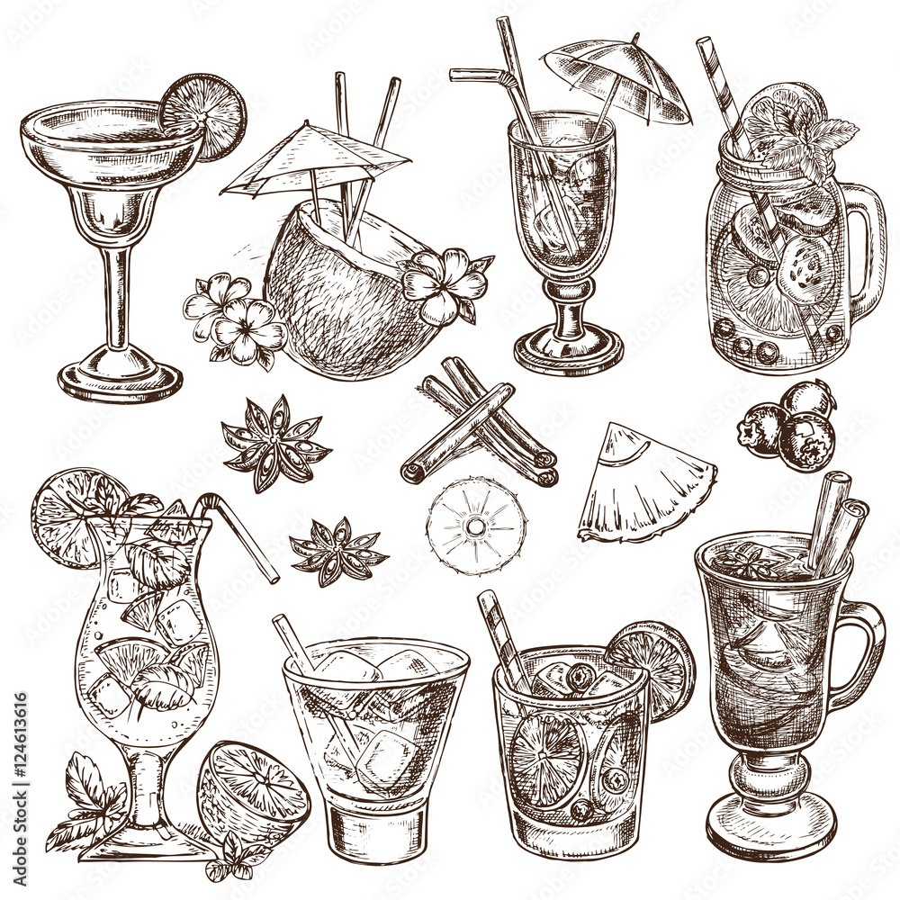 hand drawn sketch illustration cocteils Stock Vector | Adobe Stock