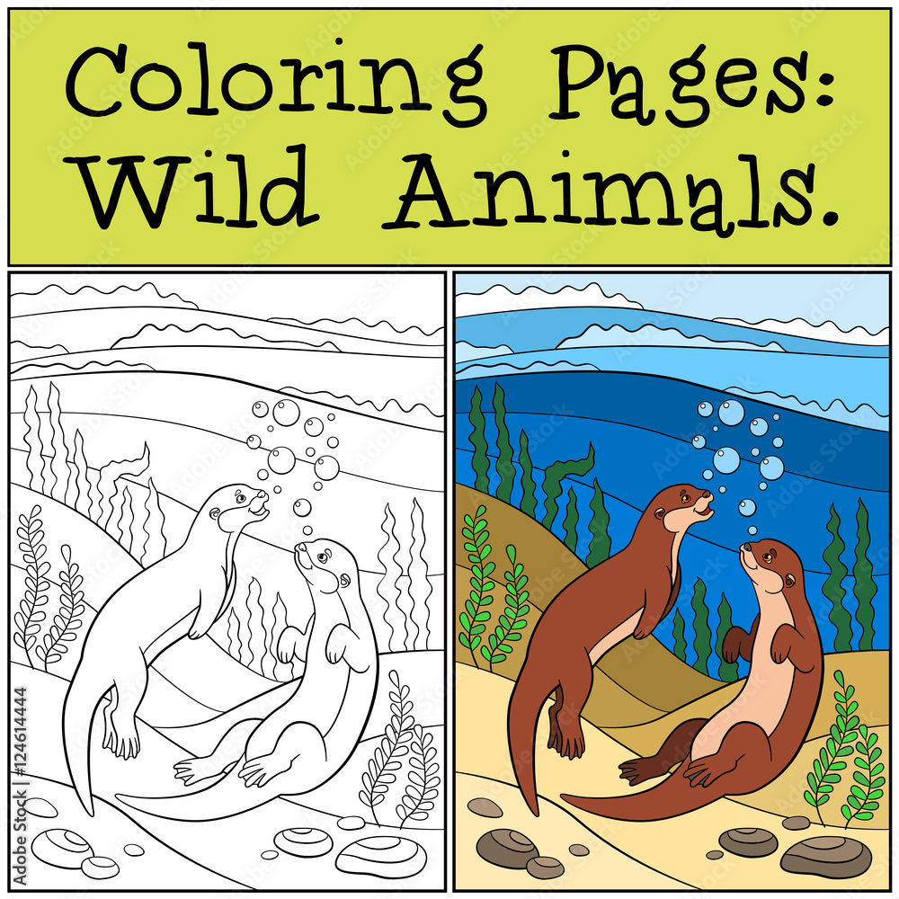 Coloring Pages: Wild Animals. Two little cute otters swim. Stock Vector ...