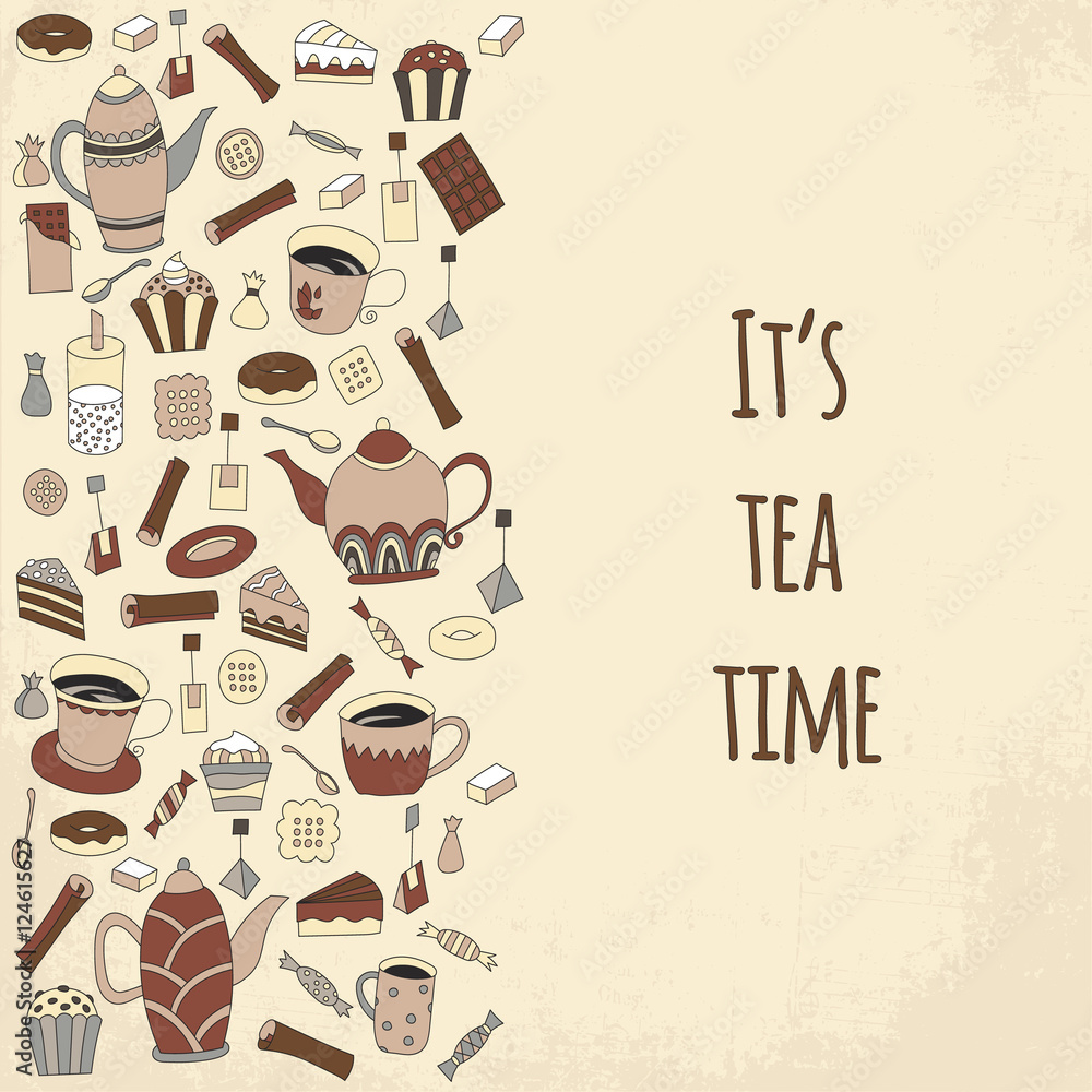 Tea time vector illustration. Hand drawn retro design. Cute cafe or ...