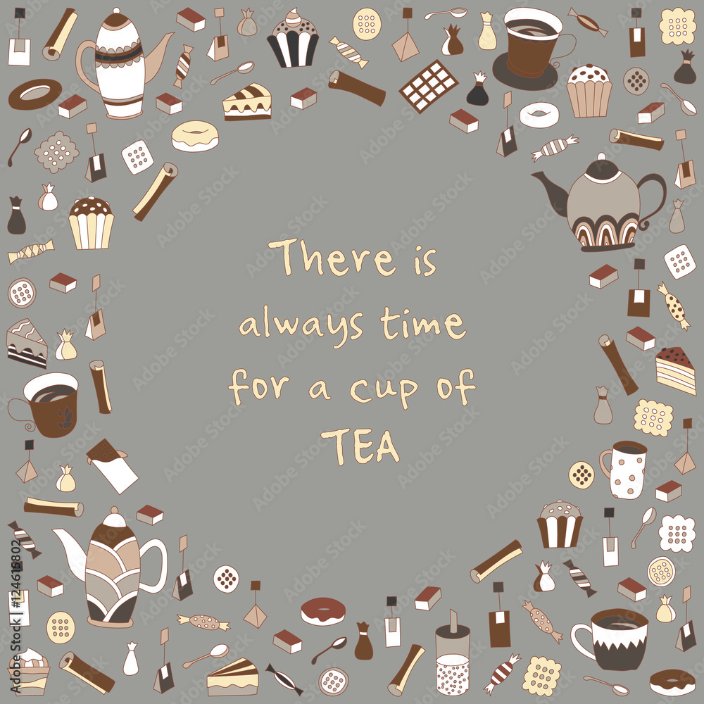 Tea time vector illustration. Hand drawn retro design. Cute cafe or ...