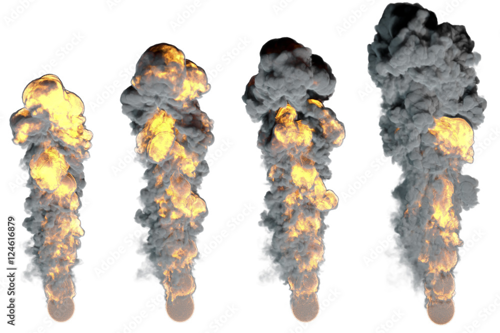 Stages of fiery explosion.Isolated on white background. Stock ...