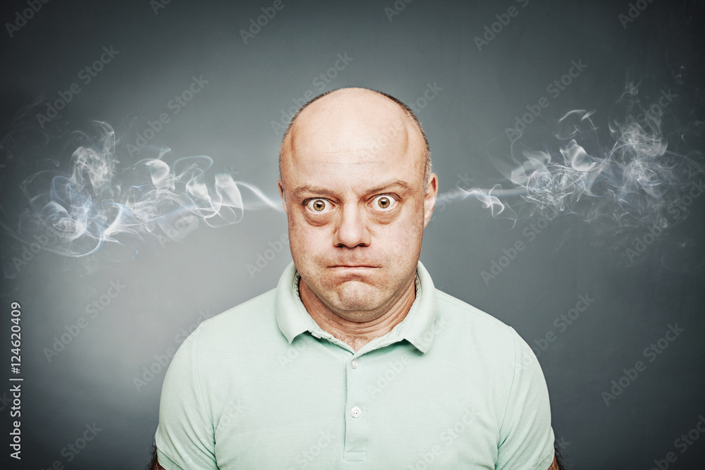 Closeup portrait of angry man, blowing steam coming out of ears, Stock ...