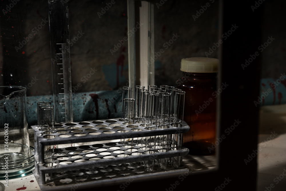 Stained laboratory with test tubes holder and other medicine dev Stock ...