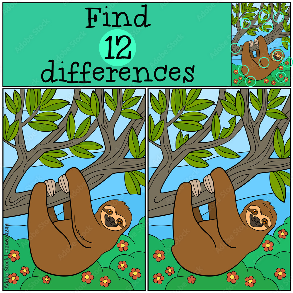 Educational game: Find differences. Cute lazy sloth. Stock Vector ...