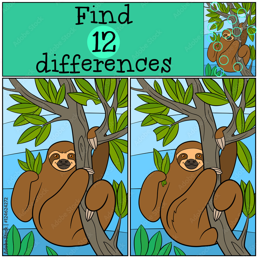 Educational game: Find differences. Cute lazy sloth. Stock Vector ...