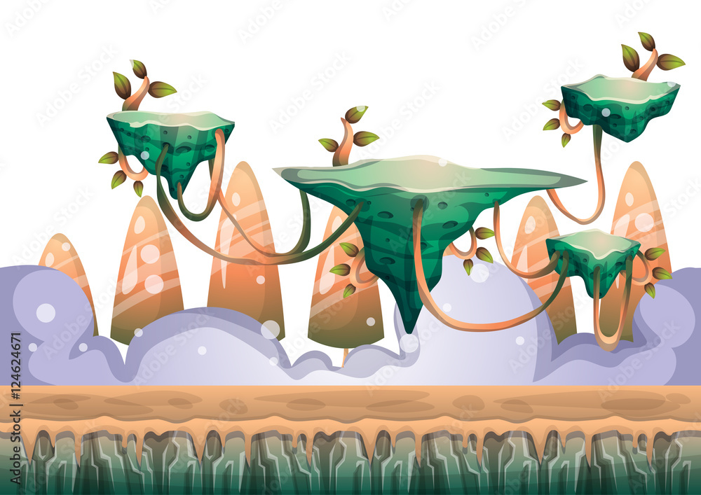 cartoon vector floating island background with separated layers for ...