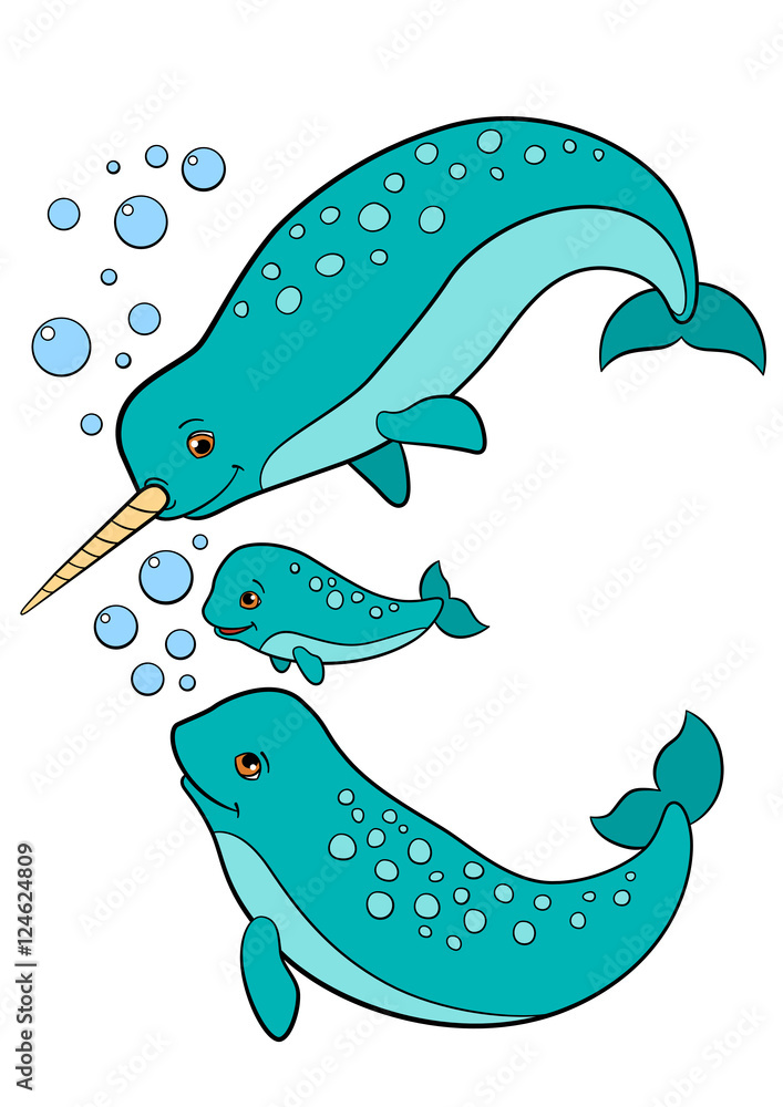 Cartoon animals. Mother, father and baby narwhal. Stock Vector | Adobe ...
