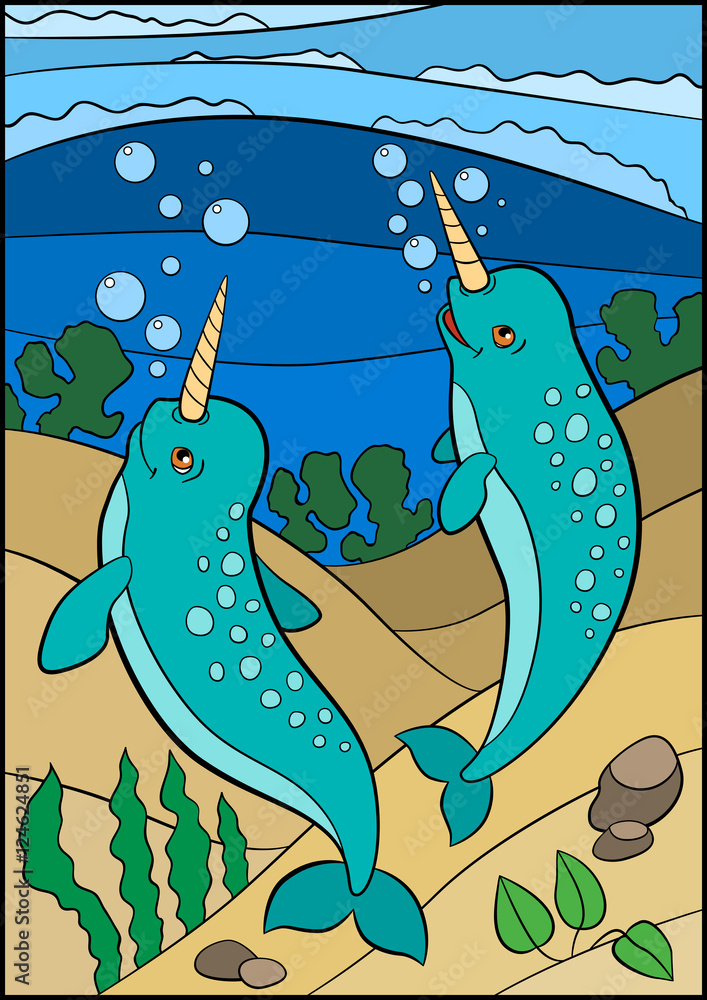 Cartoon animals. Two little cute narwhals swim underwater. Stock Vector ...