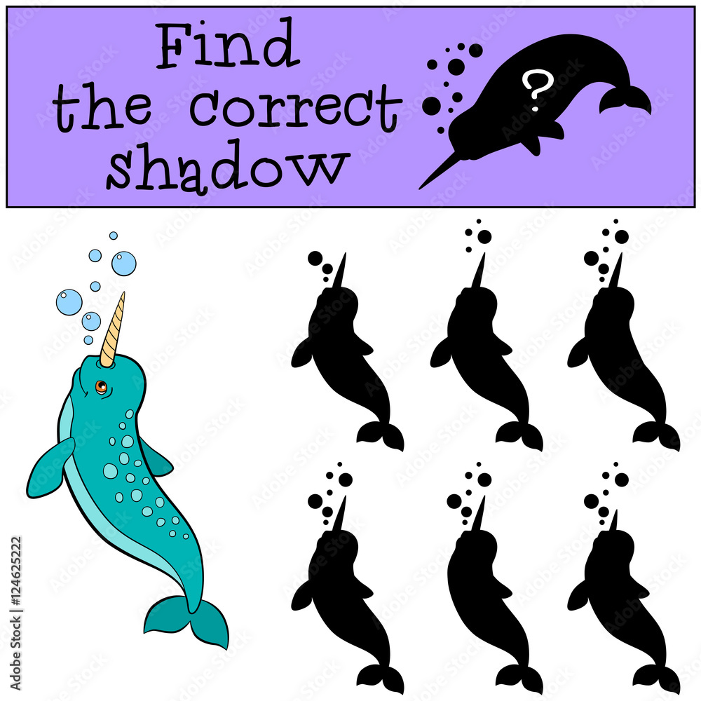 Educational game: Find the correct shadow. Little cute narwhale Stock ...