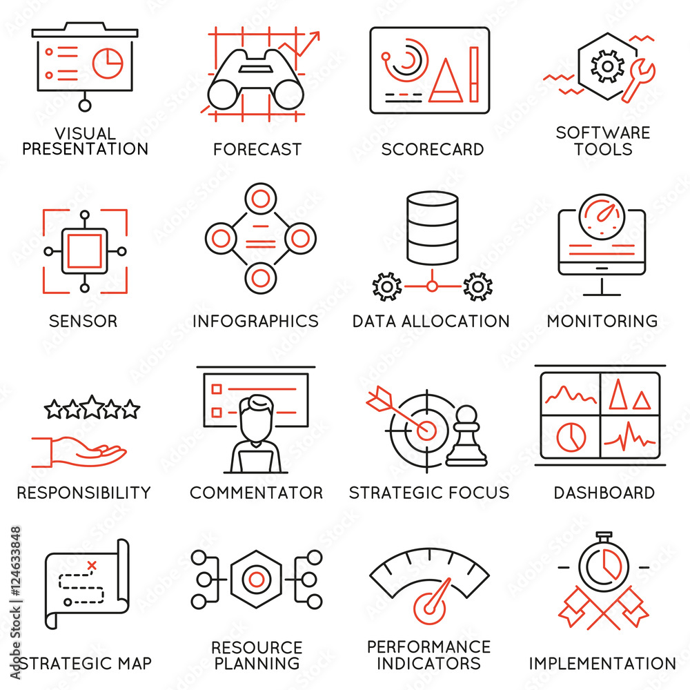 Vector Set of 16 Modern Thin Line Icons Related to Strategy Management ...