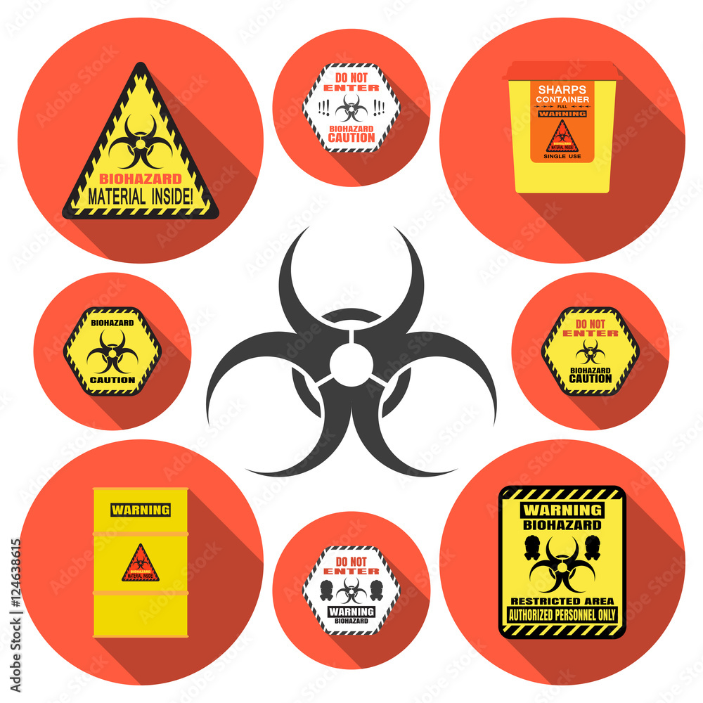 Biohazard - vector isolated icons set with shadow on circle red ...