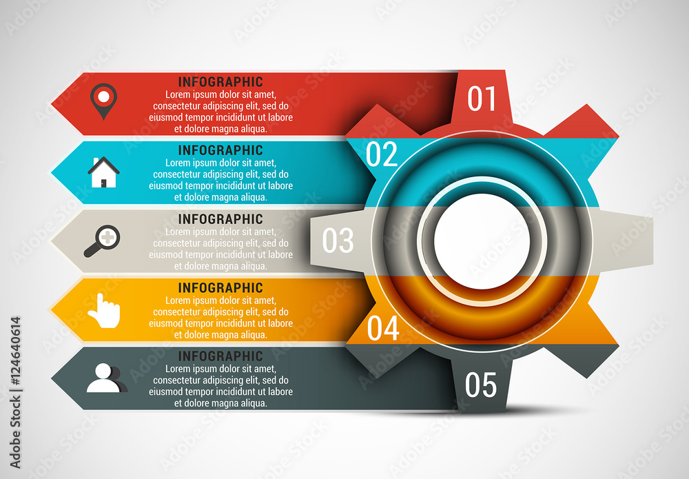 Gear and Arrow Element Business Infographic with Grayscale Icon Set ...