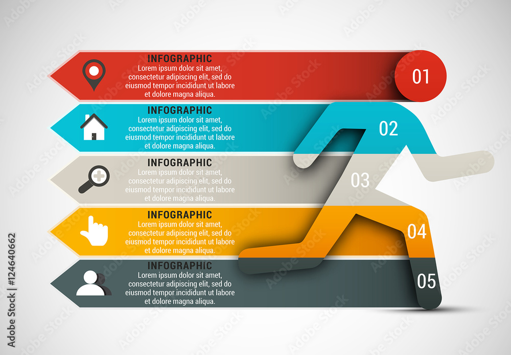 Running Pictogram and Arrow Element Business Infographic with Grayscale ...