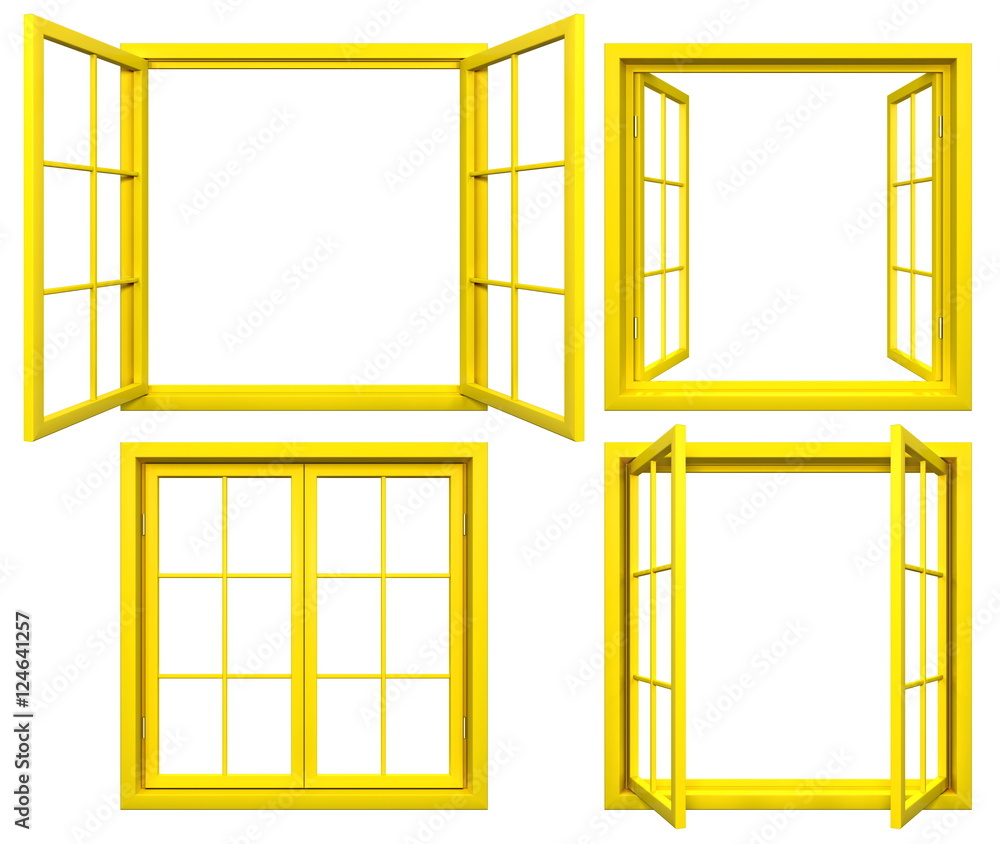 Collection of yellow window frames isolated on white Stock 일러스트레이션 ...