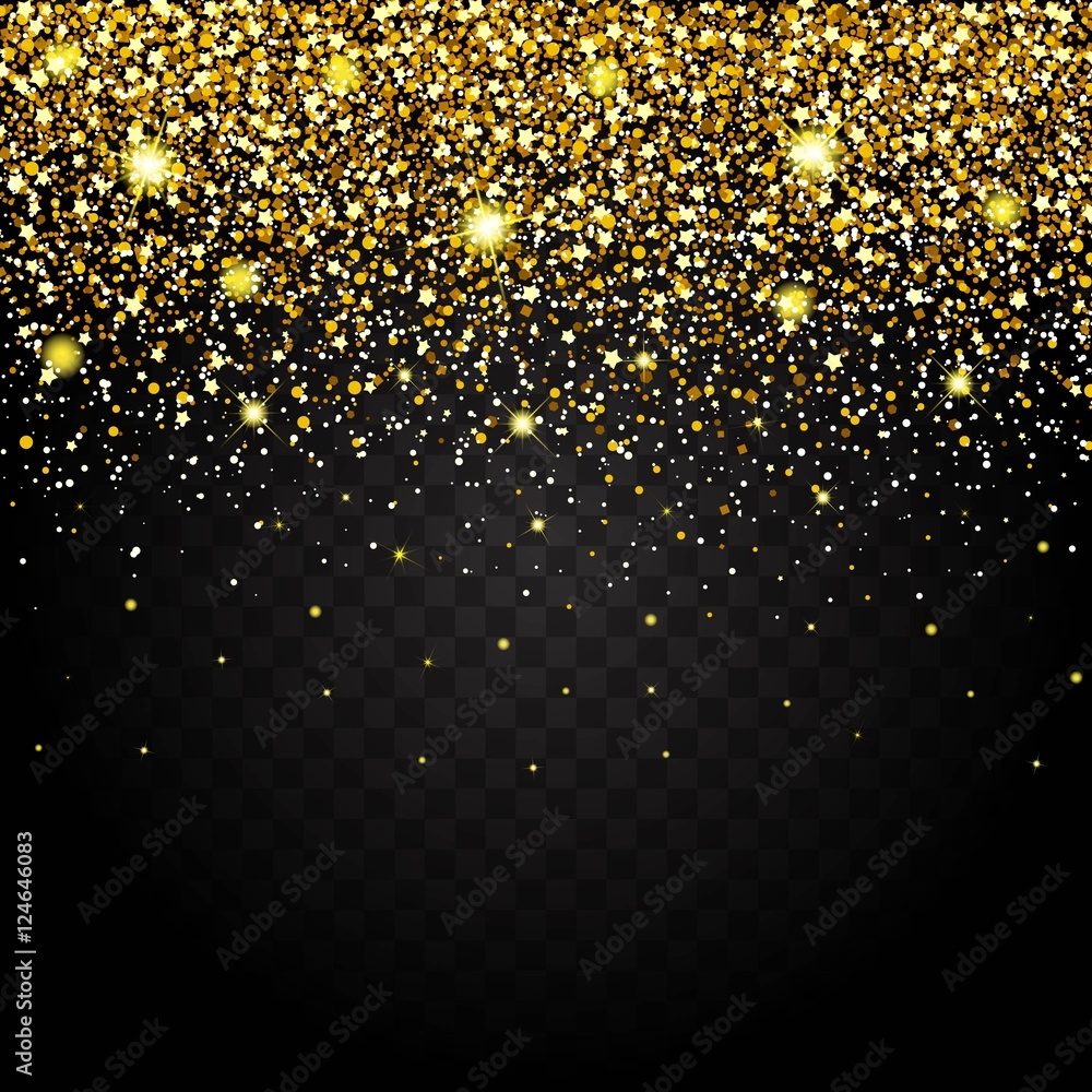 Effect of flying parts gold glitter luxury rich design background. Dark ...