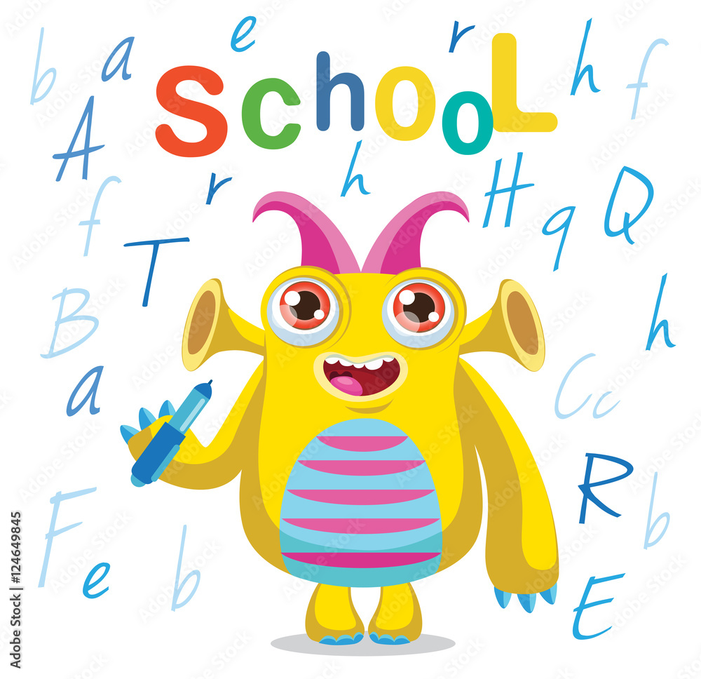 Funny Monster And Text School On A White Background. Cartoon Vector ...