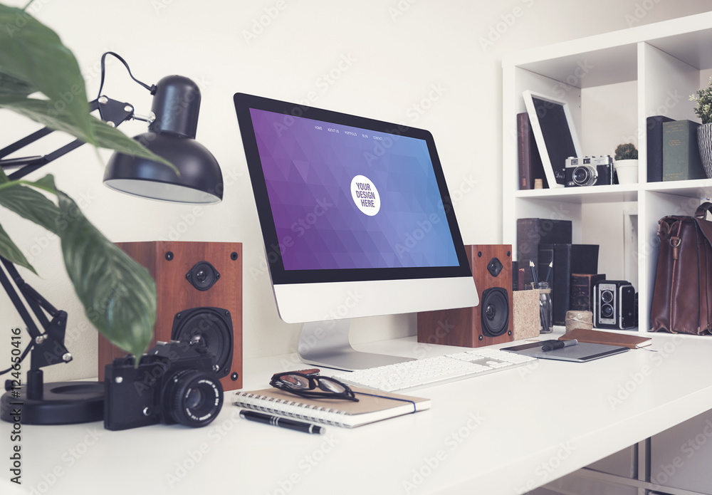 Desktop Computer on a Neat Desk with Gadgets Mockup 3 Stock Template ...