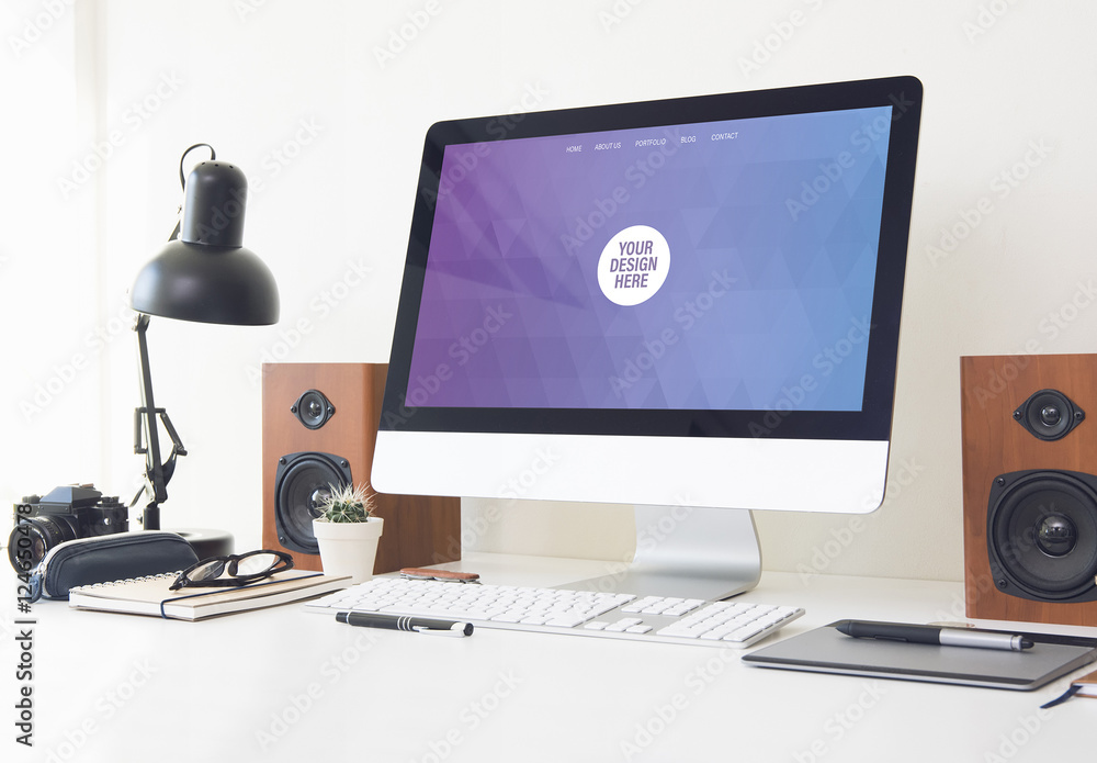 Desktop Computer on a Neat Desk with Gadgets Mockup 4 Stock Template ...