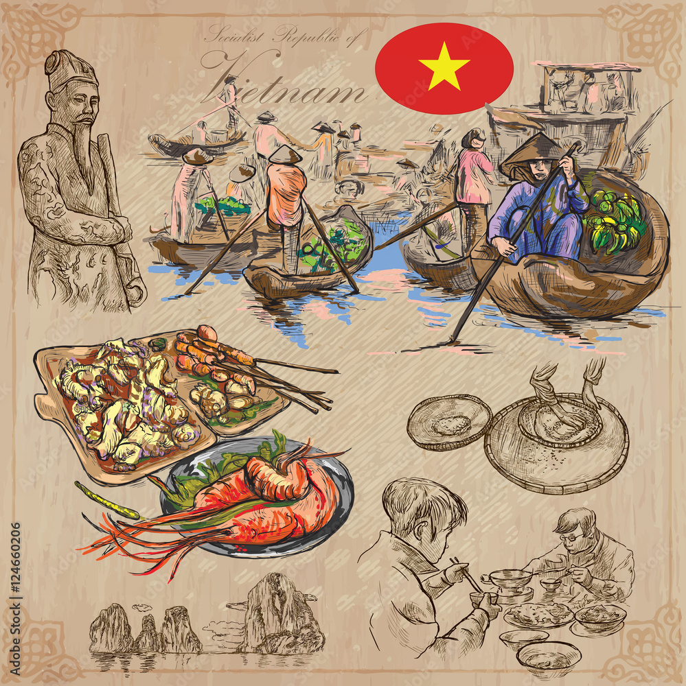 Vietnam. Pictures of Life. Colored vector pack. Hand drawings. Stock ...