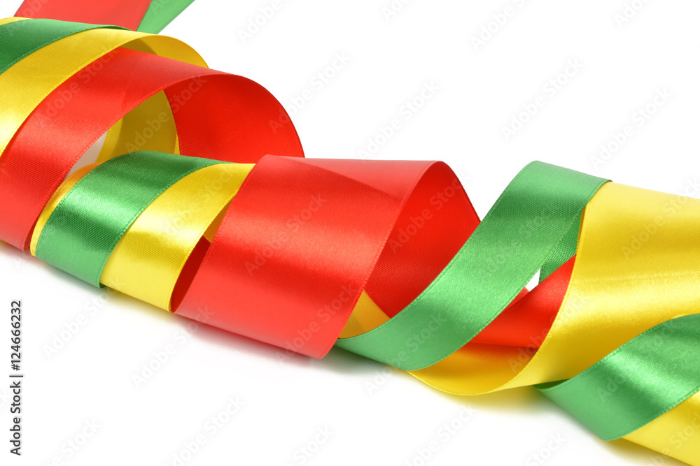 Curved multicolored satin ribbons on white background Stock Photo ...