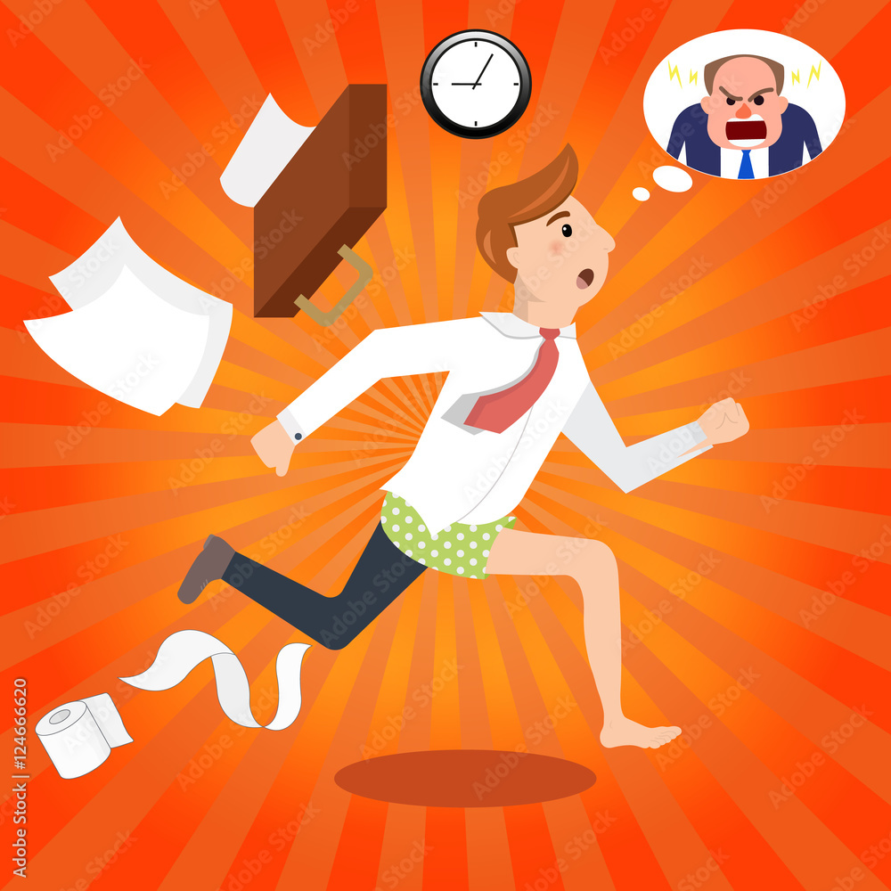 Handsome half-dressed businessman late to work. Manager is late, hurry ...