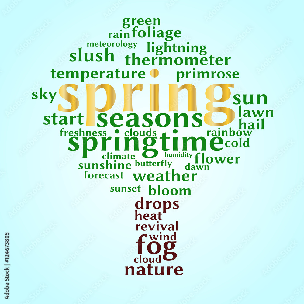 Spring word cloud in shape of tree on blue background. Seasons concept ...