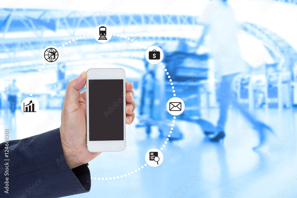 Businessman Hand holding blank screen mobile phone with blurred image ...