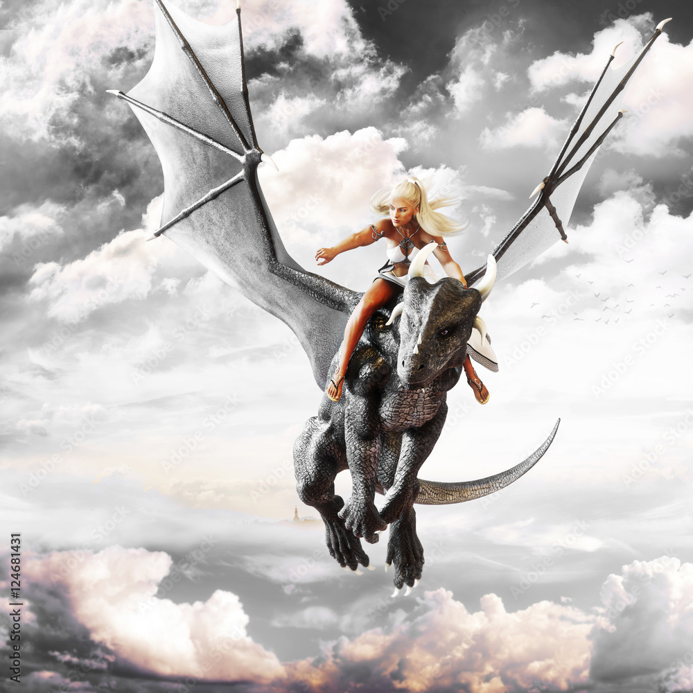 Dragon rider, Blonde female riding the back of a black flying dragon ...