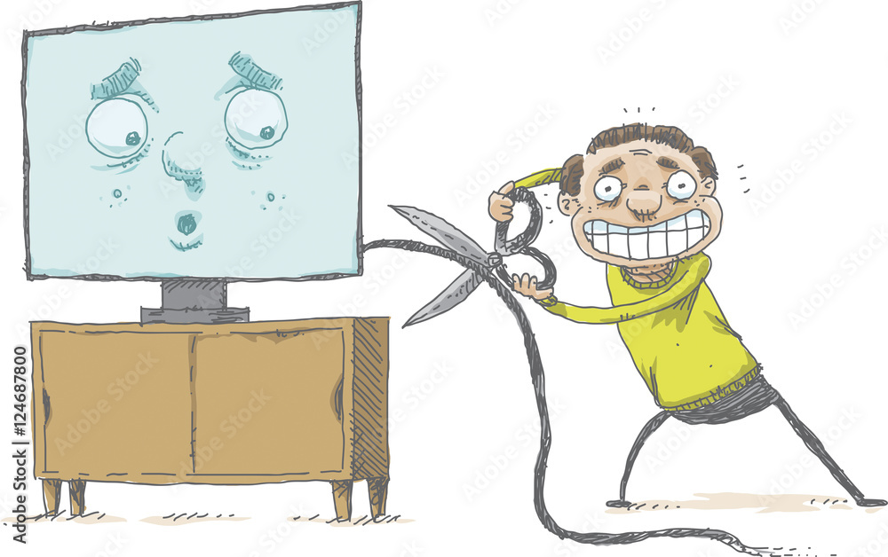 A happy cartoon man prepares to cut his cable tv service cord with a ...