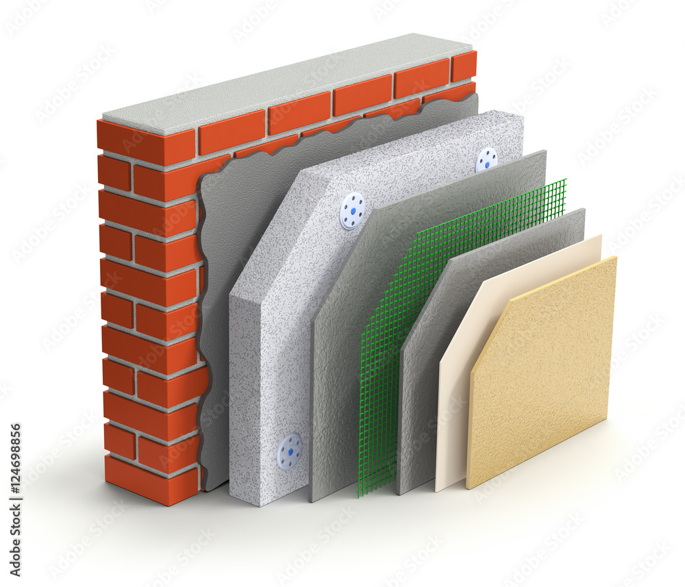 Layered brick wall thermal insulation concept on white background Stock ...