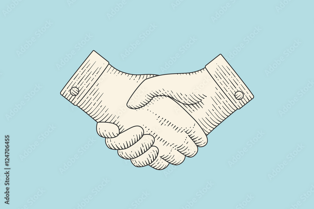 Vintage drawing of handshake or contract agreement symbol in engraving ...