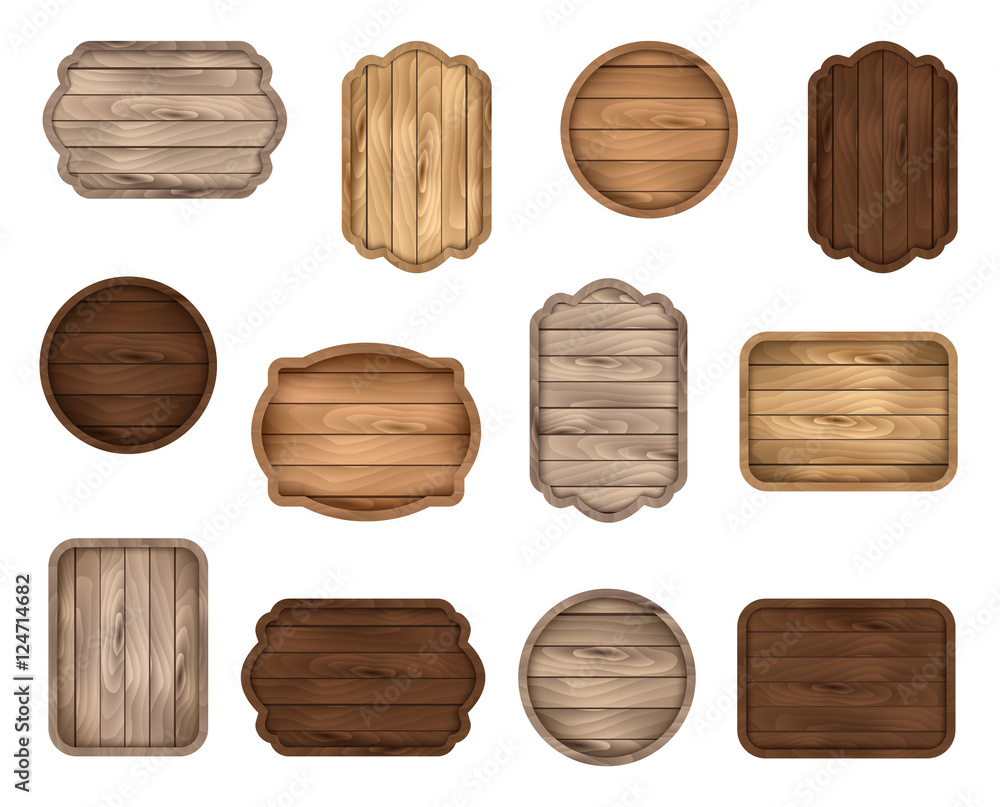 Wooden stickers, label collection. Set of various shapes wooden sign ...