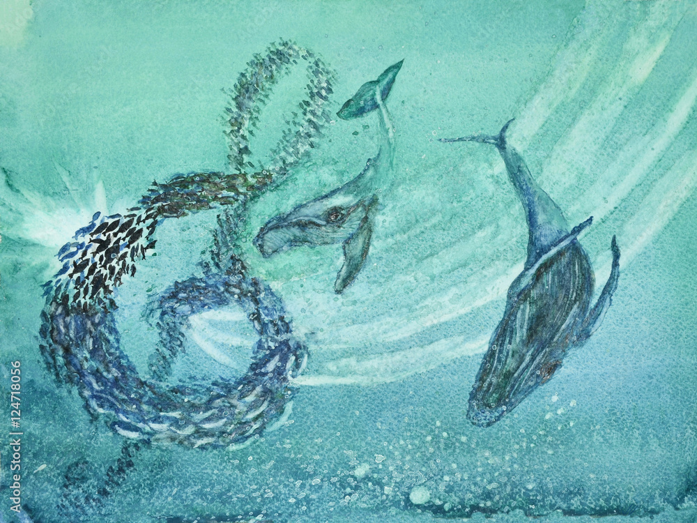 Whale bubble net hunting strategy. Painting of singing humpback whales ...