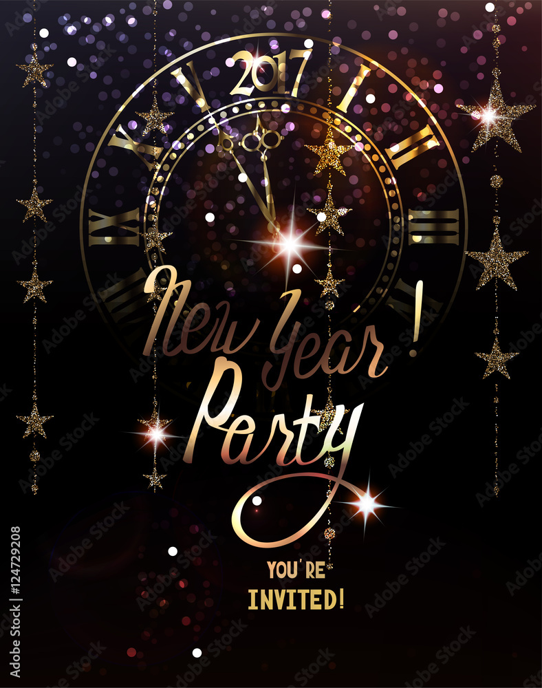 New Year Party invitation card with sparkling gold garlands and clock ...