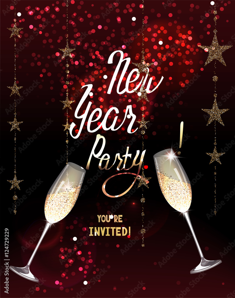 New Year Party invitation card with sparkling gold garlands and glasses ...