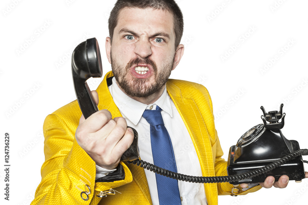 customer explodes with anger when talking to call center Stock Photo ...