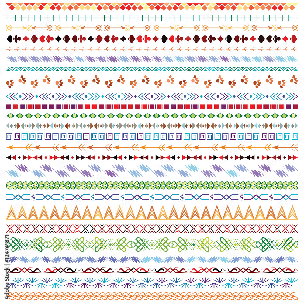 Collection Of Line Colorful Borders Bohemian Style Stock Vector | Adobe ...