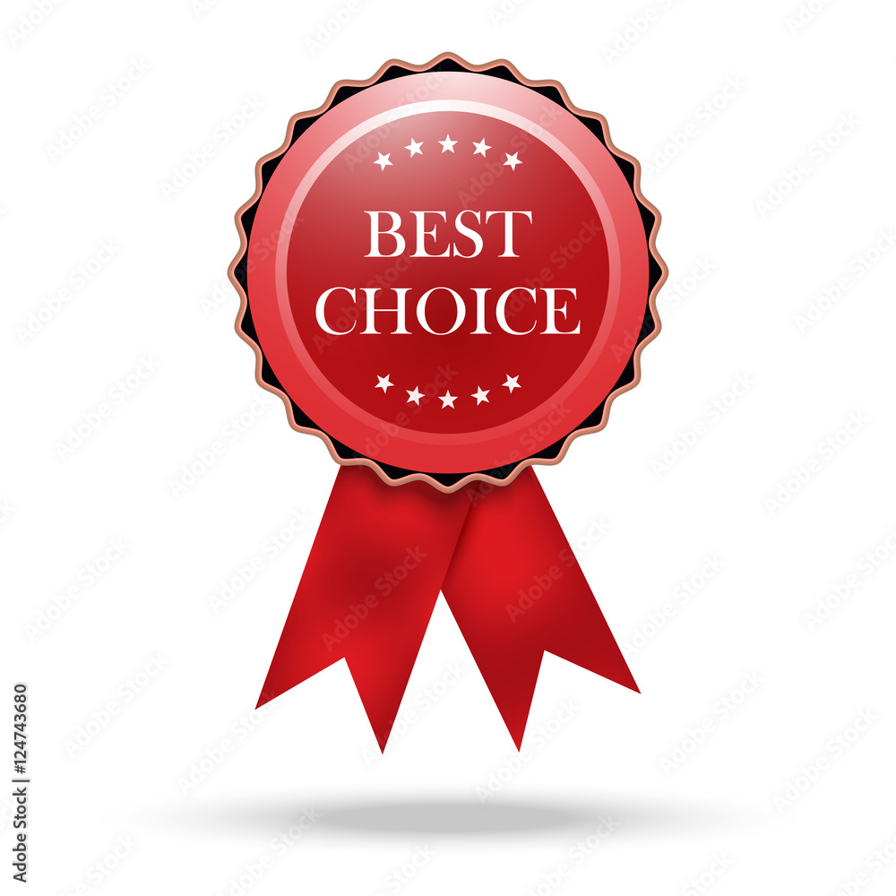 Best choice, realistic red fabric award ribbon, isolated on white ...