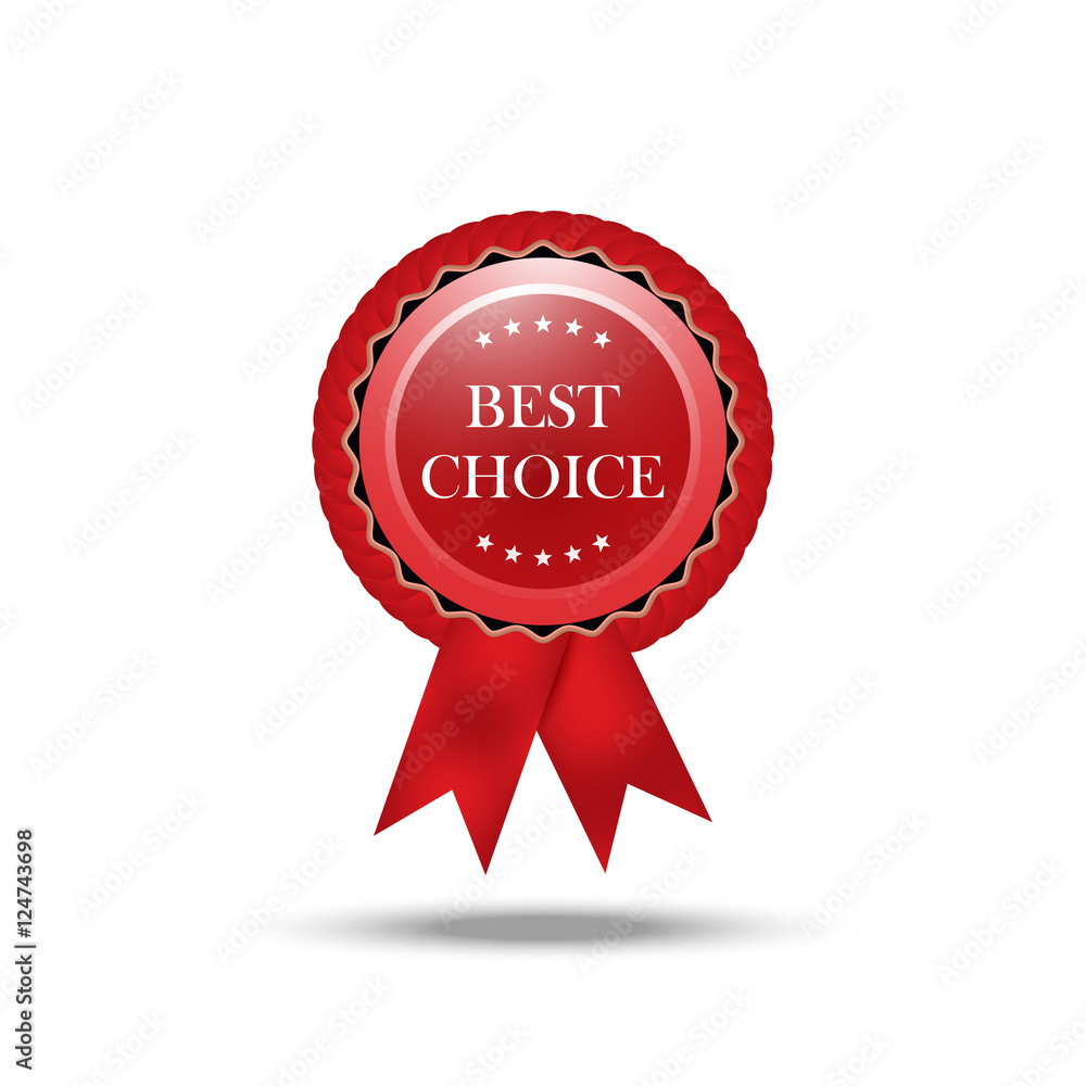Best choice, realistic red fabric award ribbon, isolated on white ...