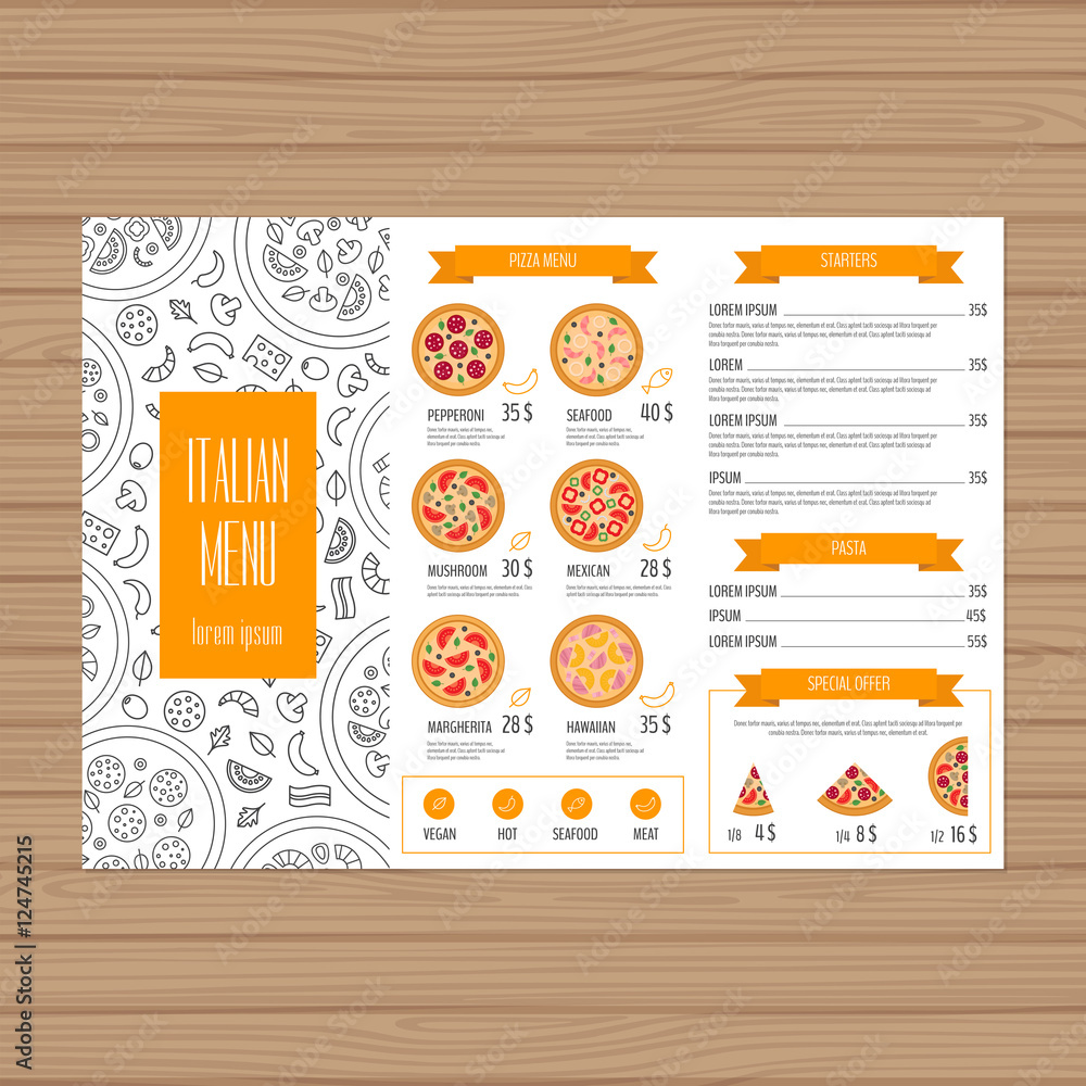 Pizza menu design. Tri-fold leaflet layout template. Restaurant ...