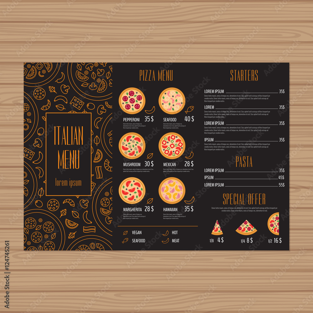 Pizza menu design. Tri-fold leaflet layout template. Restaurant ...