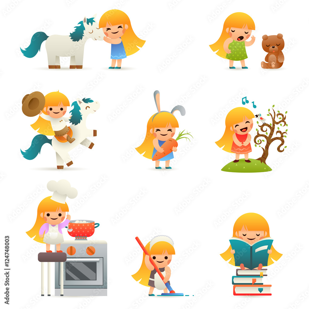 Little Happy Girl Smiling Child Icon Set Concept Isolated Flat Design ...
