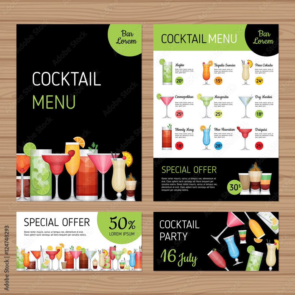 Cocktail menu design. Alcohol drinks. A4 size and flyer layout template ...