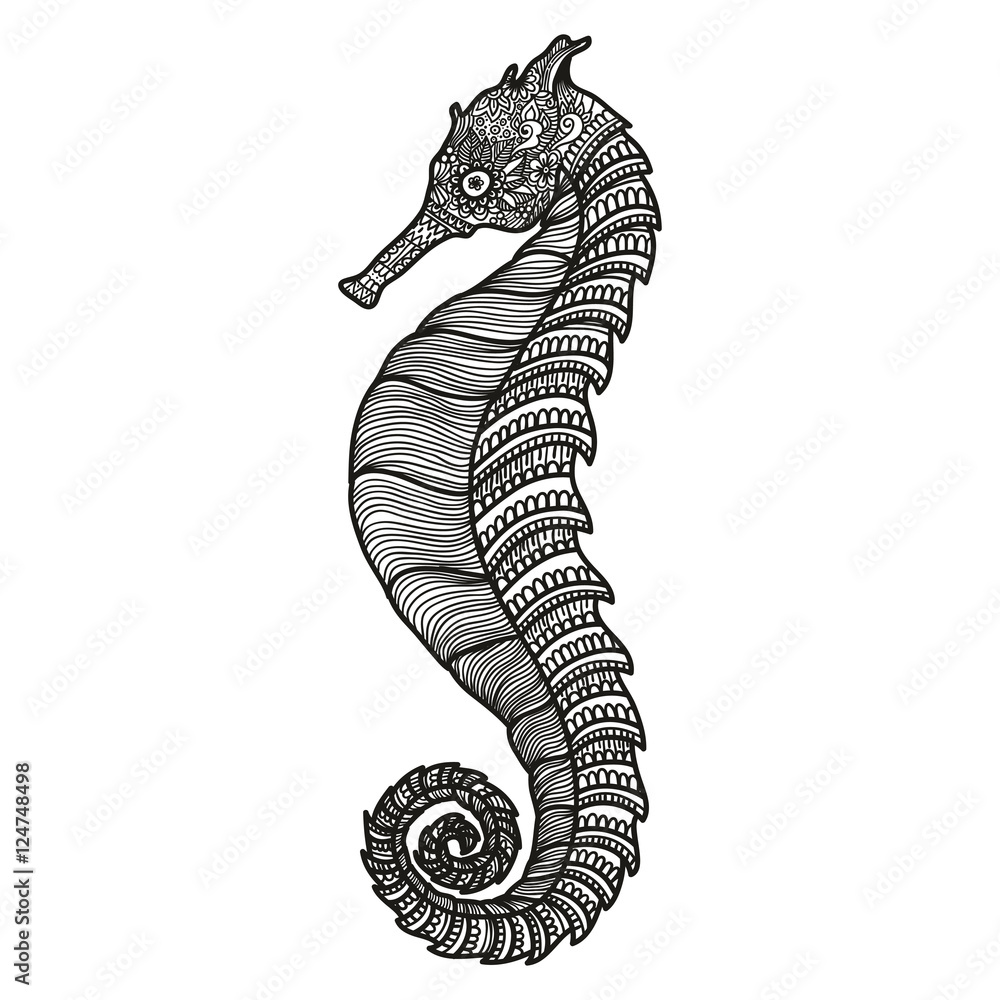 Zentangle stylized black Sea Horse. Hand Drawn vector illustration ...