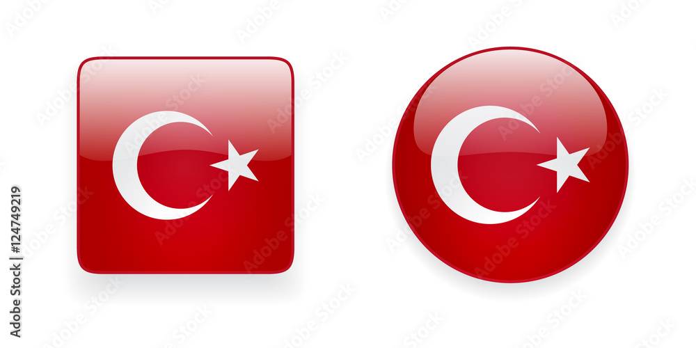 Turkish flag vector icon set. Shiny square icon and round icon with ...