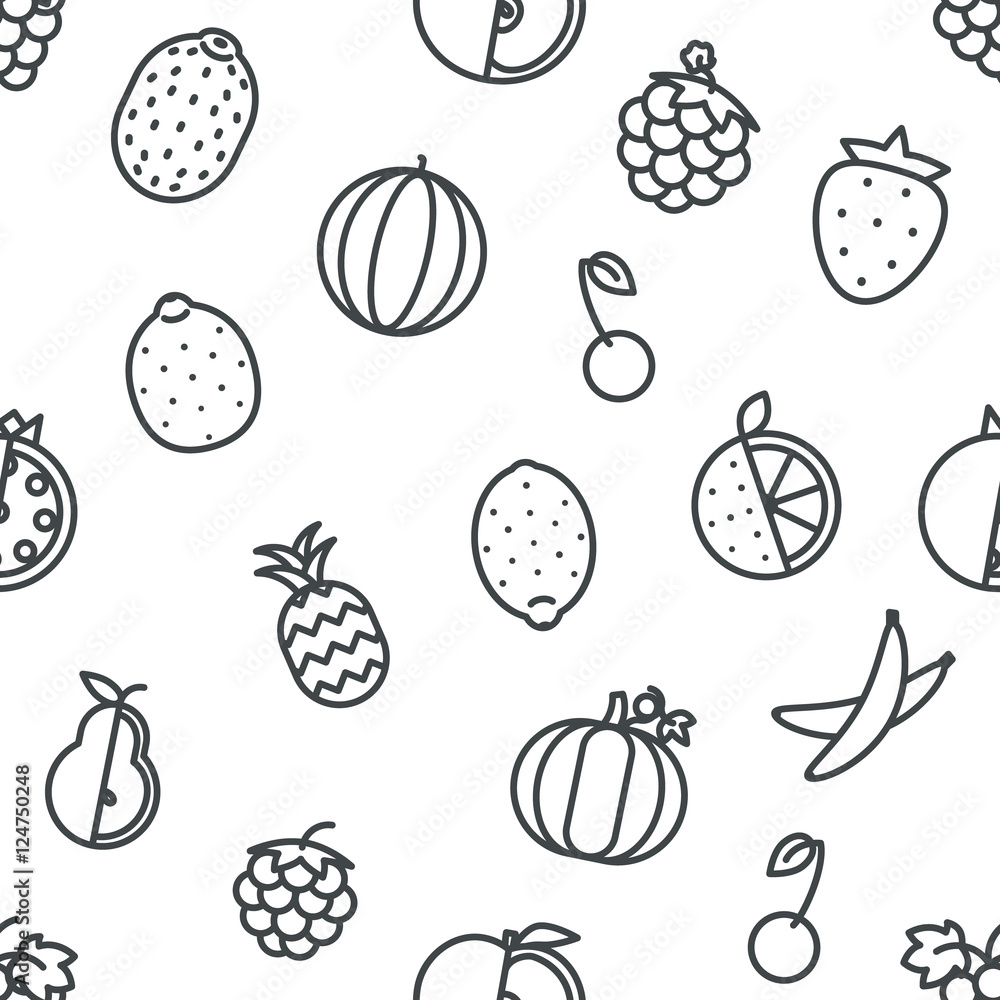 Seamless Line art fruit icons set flat design transparent background ...