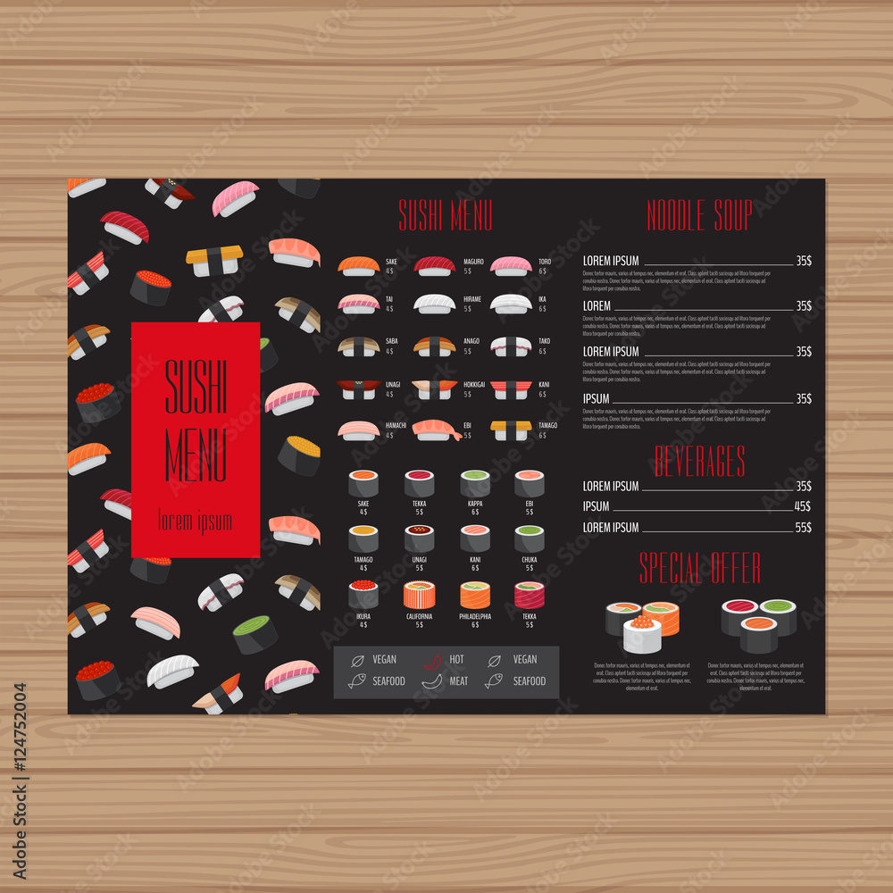 Sushi menu design. Tri-fold leaflet layout template. Japanese food ...
