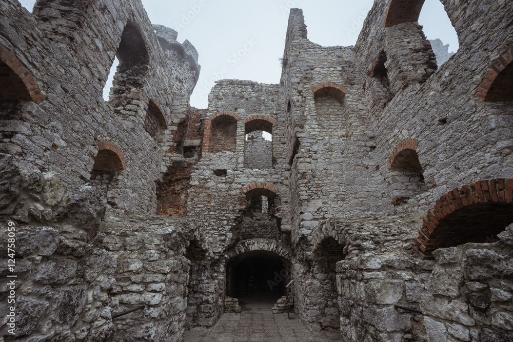 Medieval castle ruin corridor in heavy fog Stock Photo | Adobe Stock